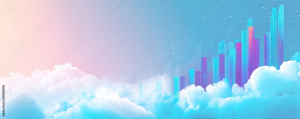 Futuristic bar graph rises above soft clouds under a pastel sky ...