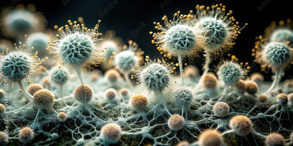 Fungal hyphae spreading across a dark background with visible black ...