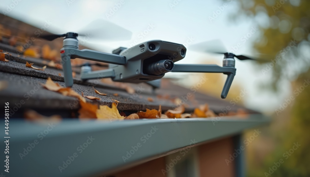 Drone inspecting residential house roof with autumn leaves. Aerial view ...