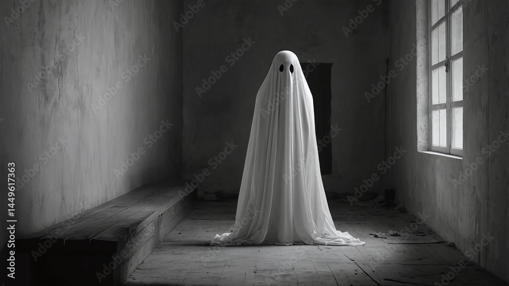 Ghost figure in white sheet with black eye holes stands in dimly lit ...