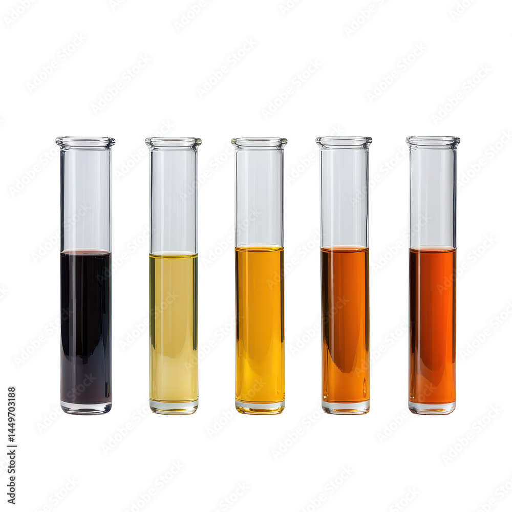 Five transparent test tubes arranged in a row, each filled with liquid ...