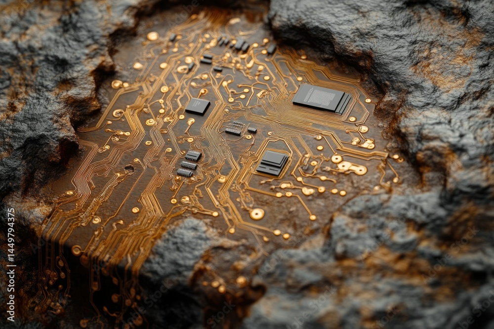 A circuit board, embedded in rock, symbolizes the resource extraction ...