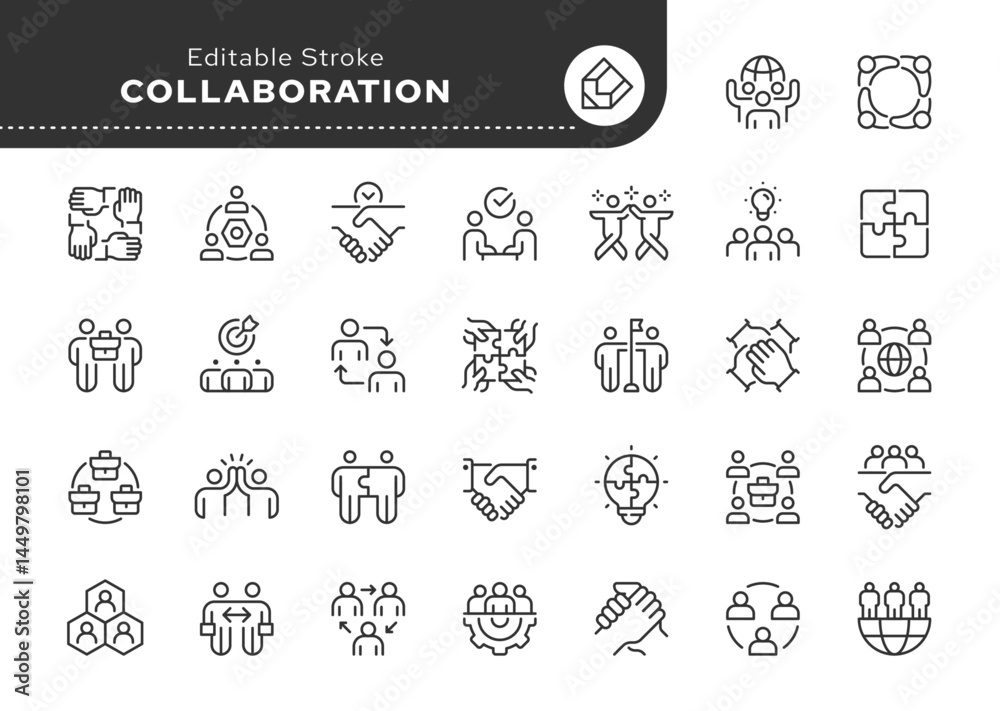 Collaboration line icon set. Partnership, partners, handshake, teamwork ...