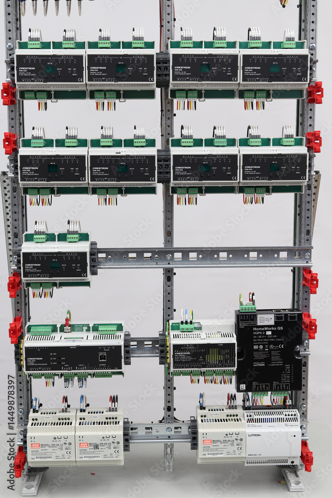 ABB electrical panel with installed I/O devices from Crestron, CPU and ...