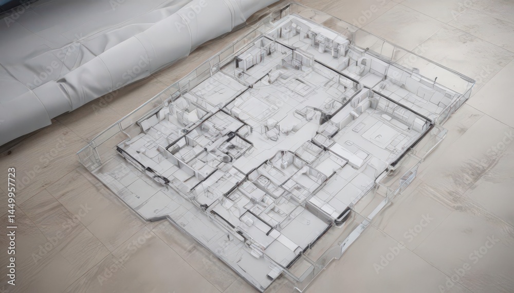 Blueprint effect overlay on architectural floor plan, digital template ...