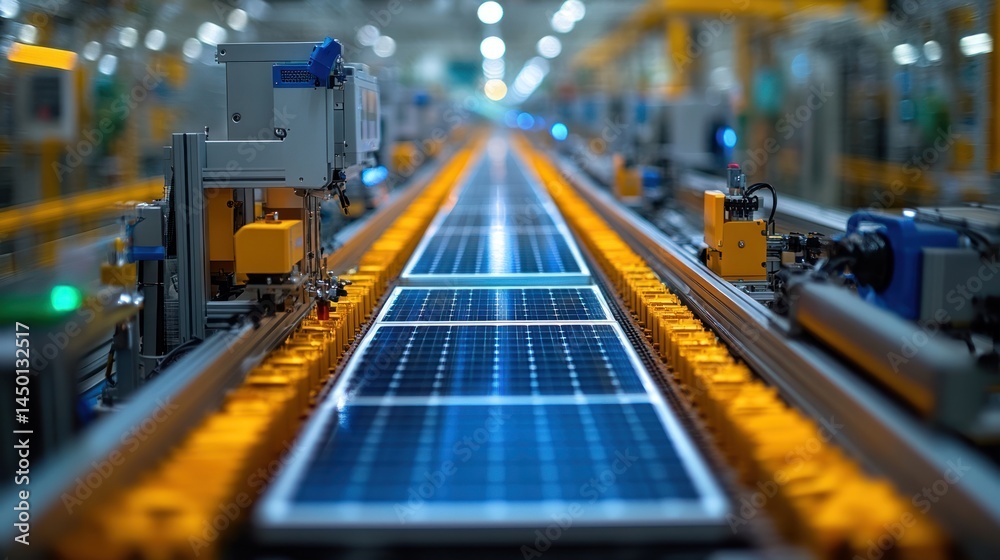 Solar panels move along a conveyor belt in a manufacturing facility ...
