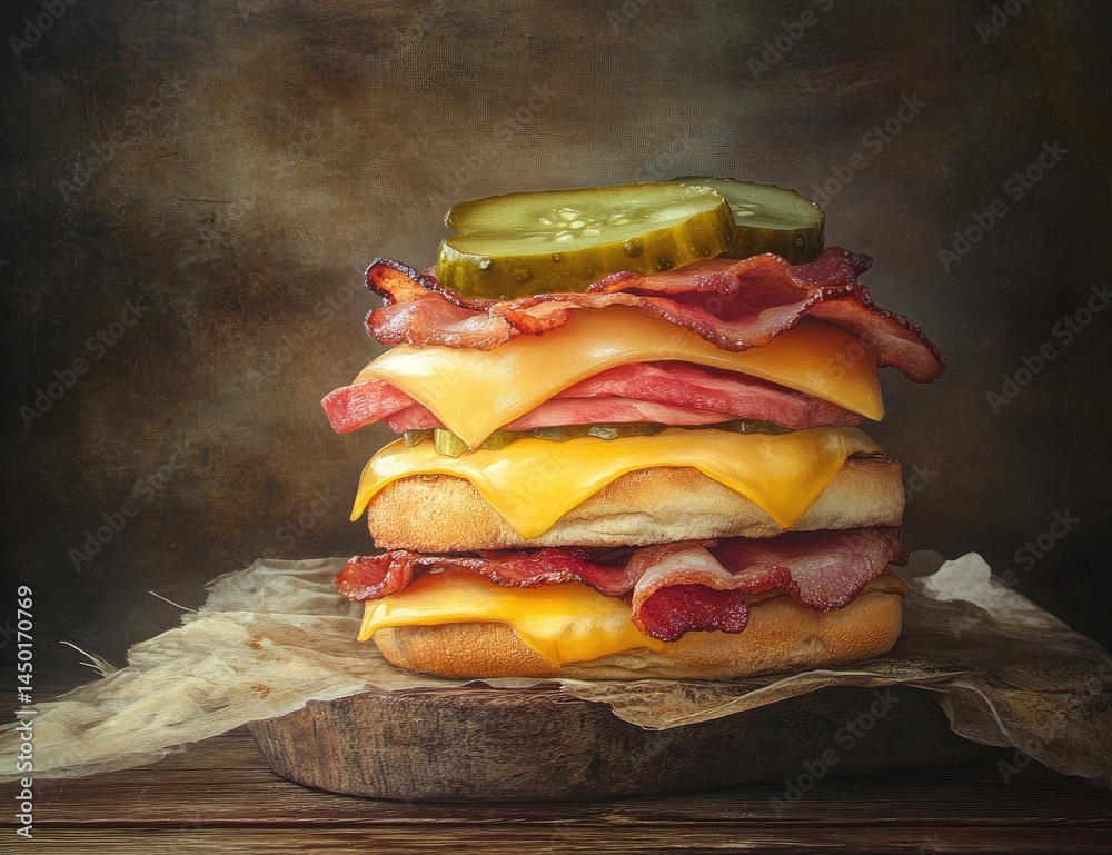 Stacked sandwich with bacon, cheese, and pickles. Layers of bread ...