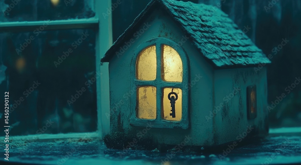 Tiny house with keyhole. A miniature house, light glows from within, a ...