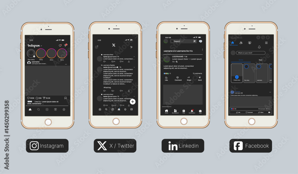 instagram, x twitter, linkedin, Facebook mockup social media frame ...