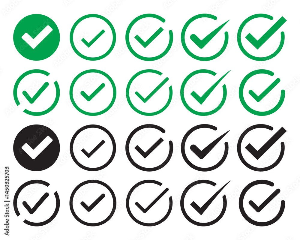 Green and Black Check Mark Symbol Vector Set, Check box icon with correct, accept checkmark ...