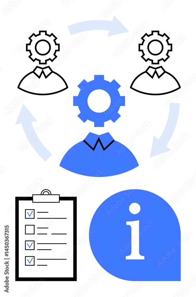Gear-headed team figures connected by arrows, checklist, and info icon ...