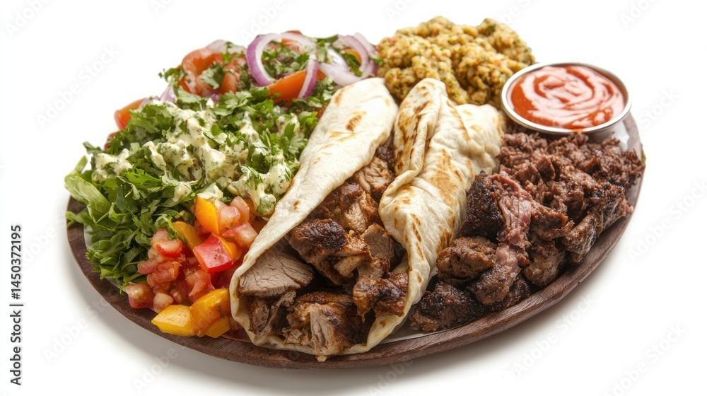 Mixed shawarma platter with chicken, beef, and falafel on white ...
