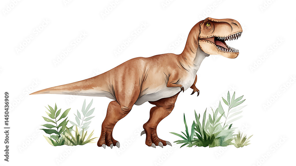 Tyrannosaurus rex, Watercolor dinosaur isolated, prehistoric landscape ...