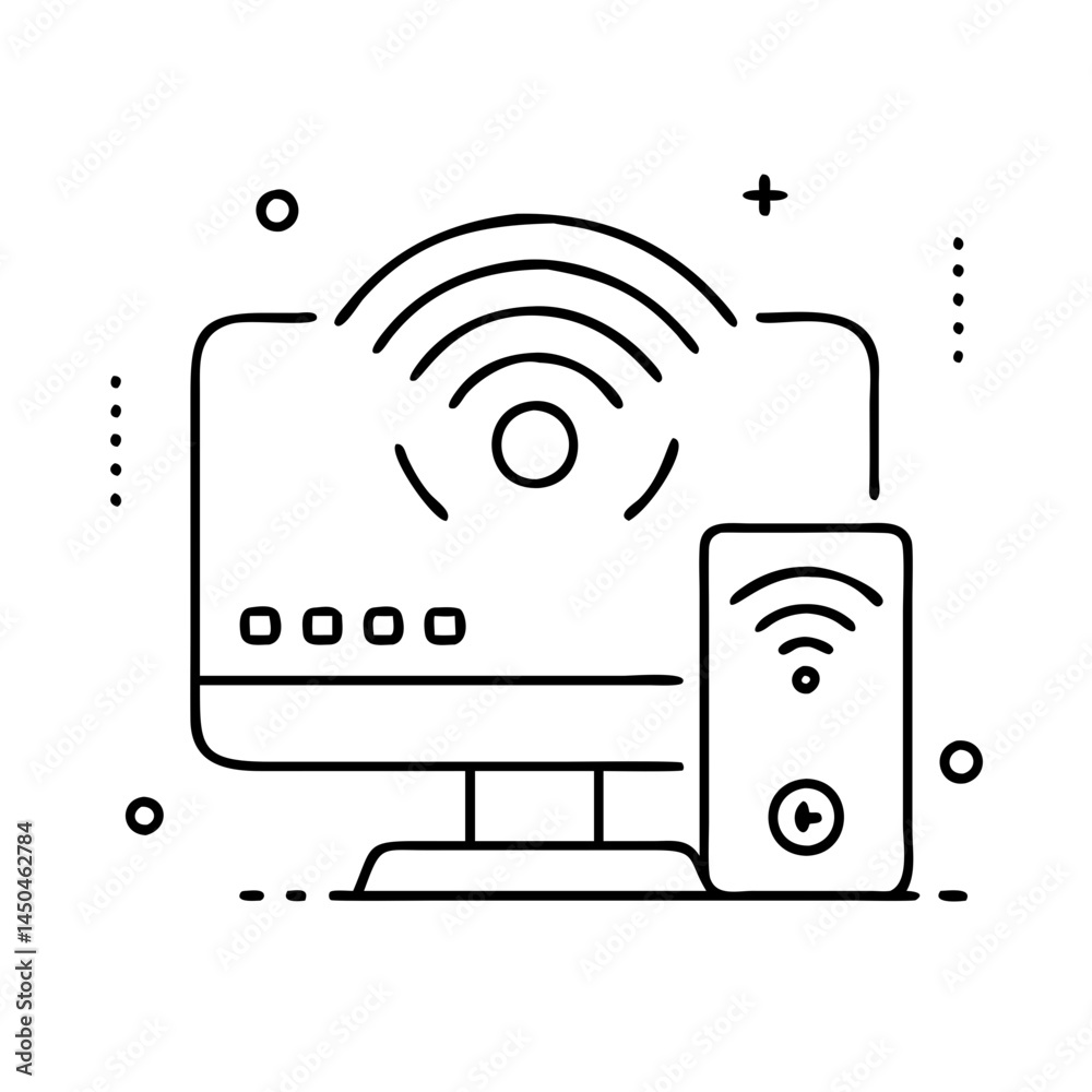 wi fi connected device icon, wi fi connected device line art - simple ...