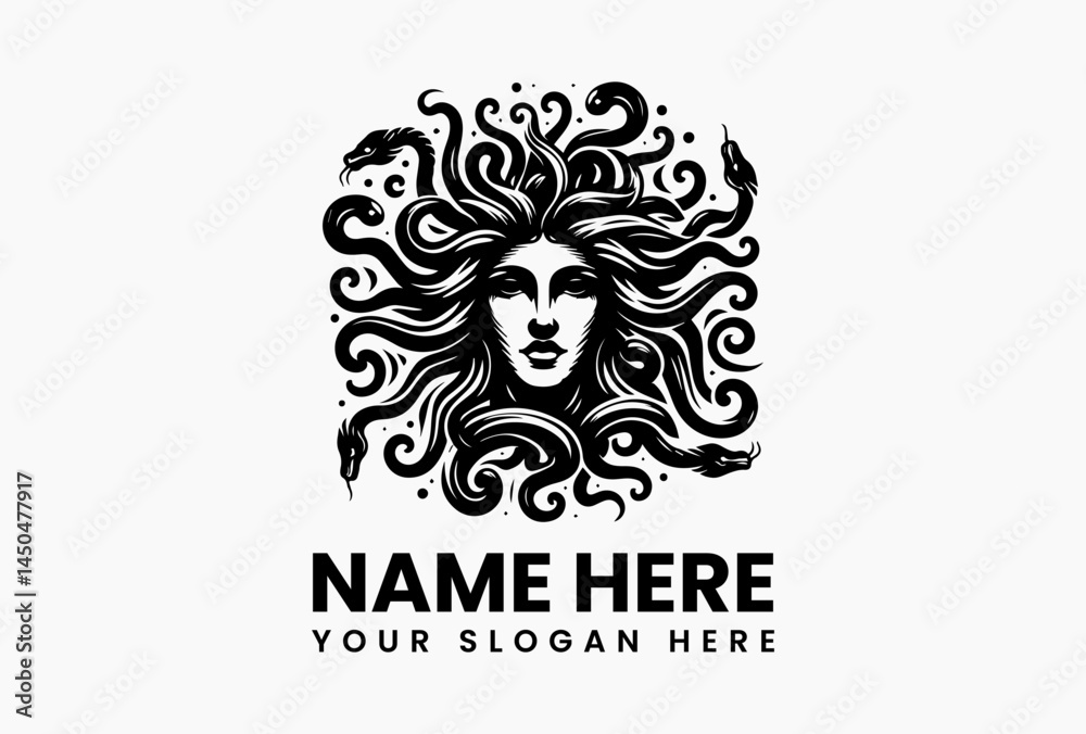 Artistic vector logo of Medusa with snake-covered head, mythological ...