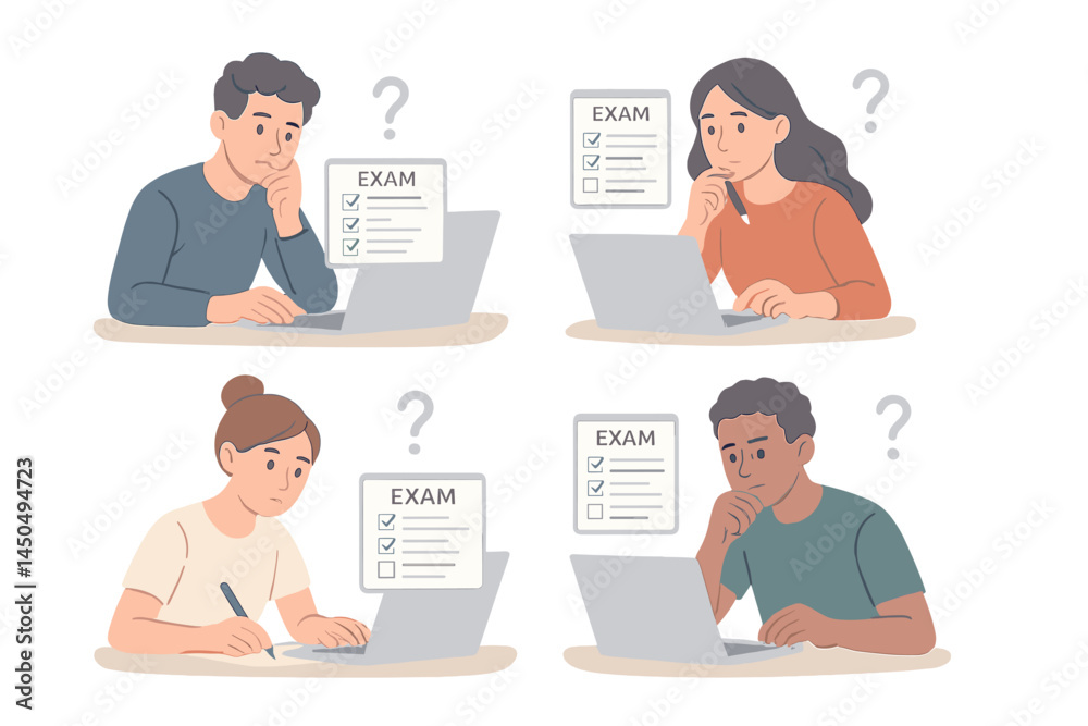 Students engaged in online exam preparation with thoughtful expressions ...