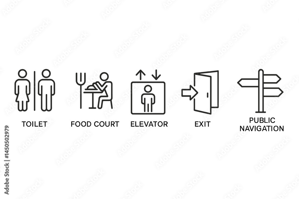 Flat vector illustration of essential directional signs for amenities ...