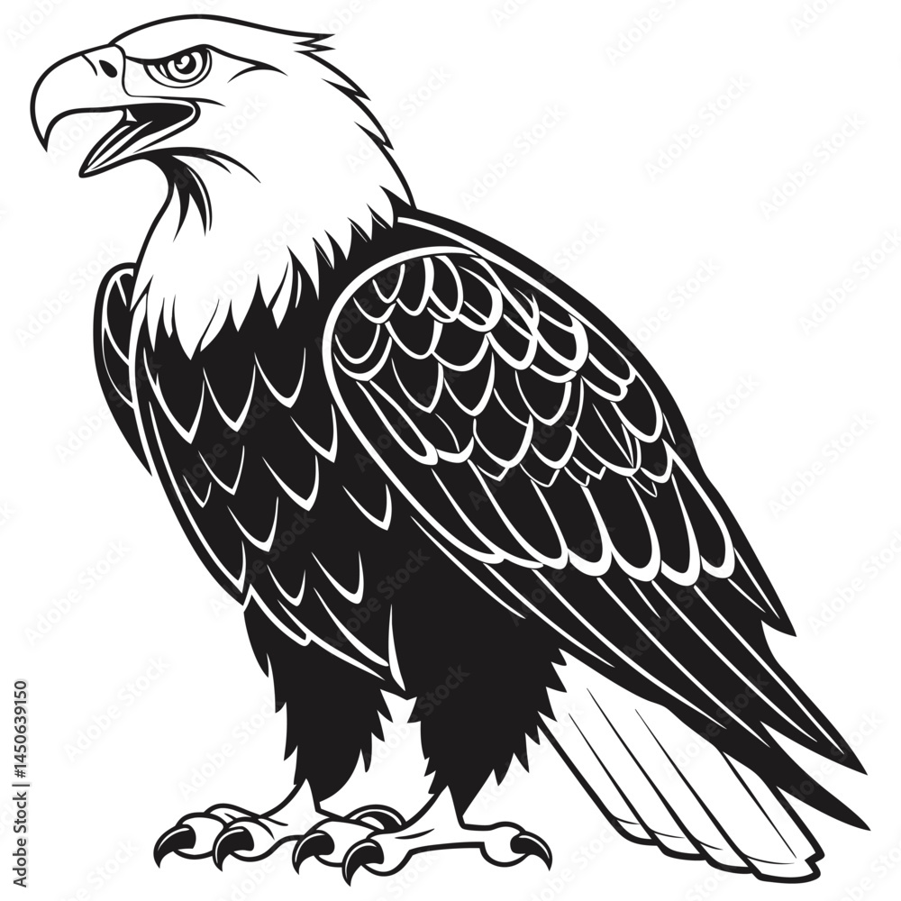 Black and White Line Art of a Front-Facing Eagle Standing with Wings ...