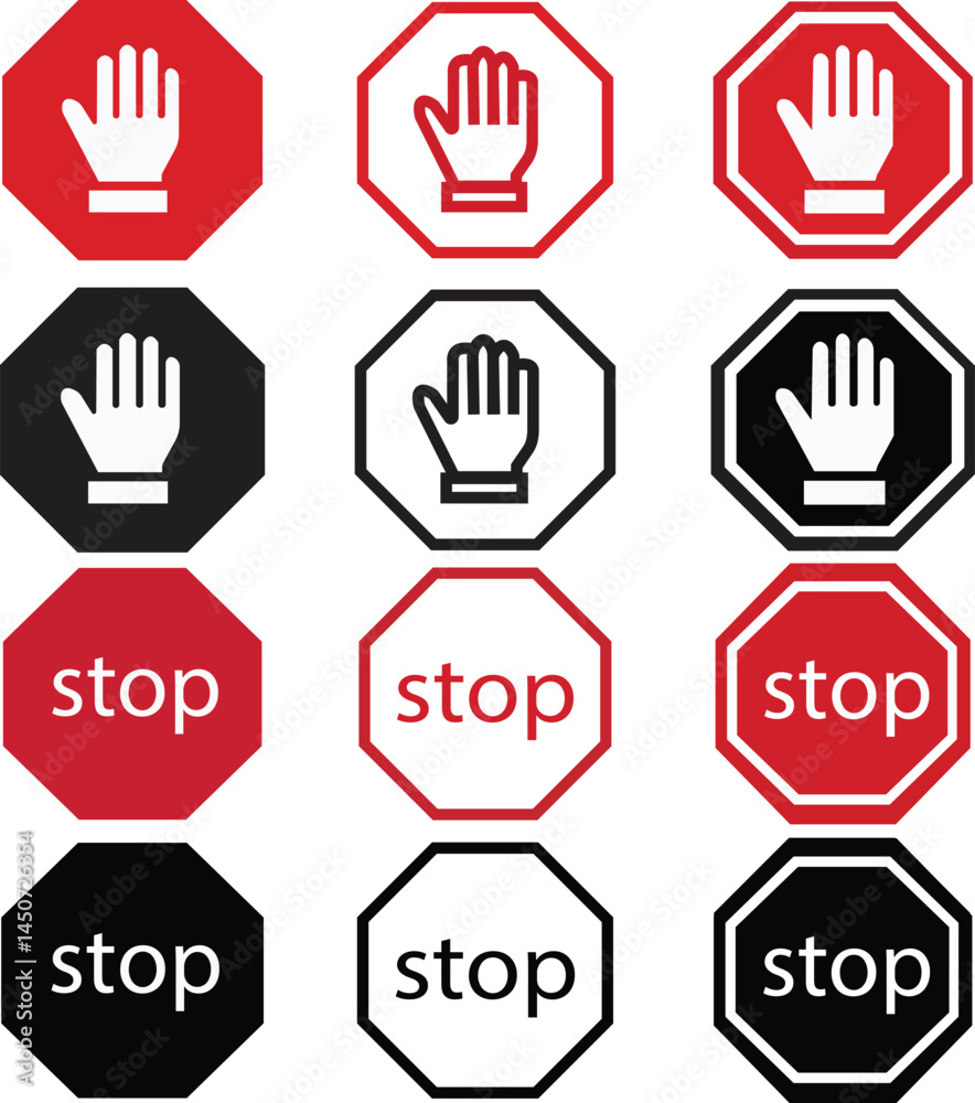 STOP! set of red stop hand sign for prohibited activities. Do not enter ...
