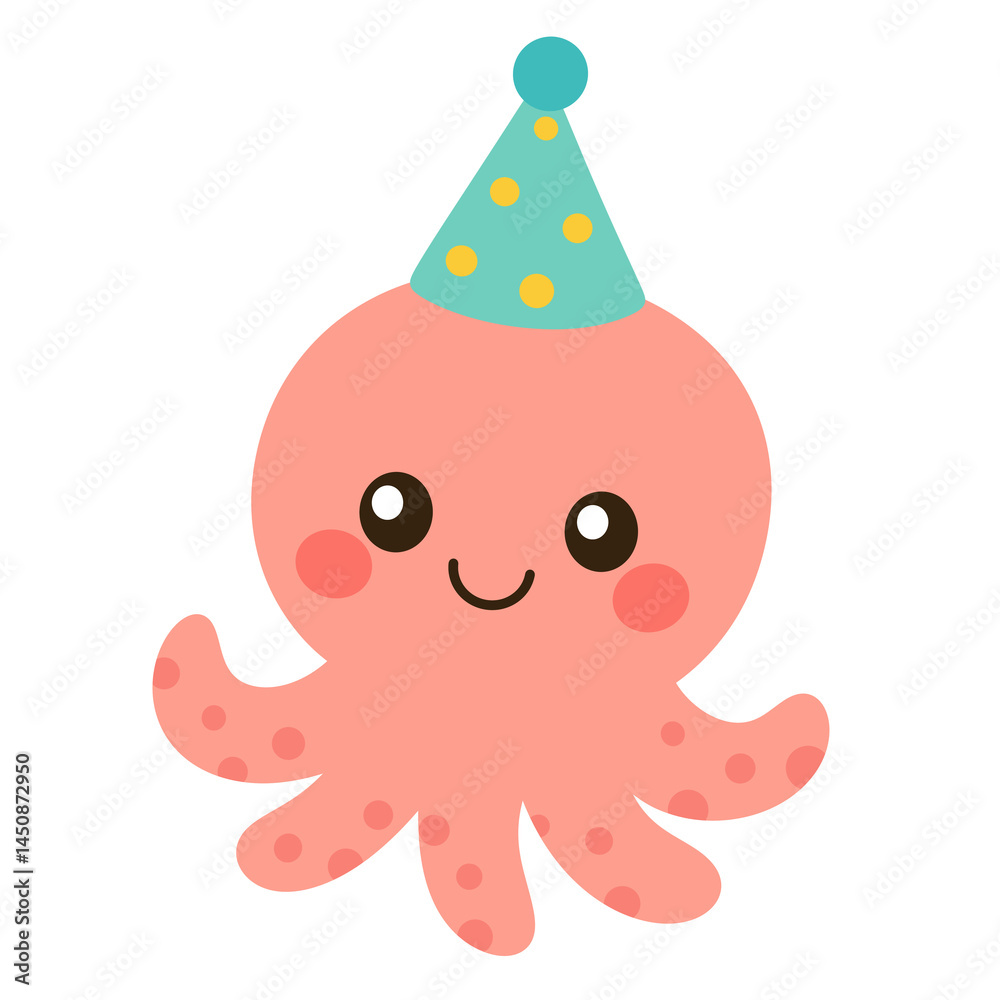Cute pink cartoon octopus wearing birthday party hat, isolated on ...