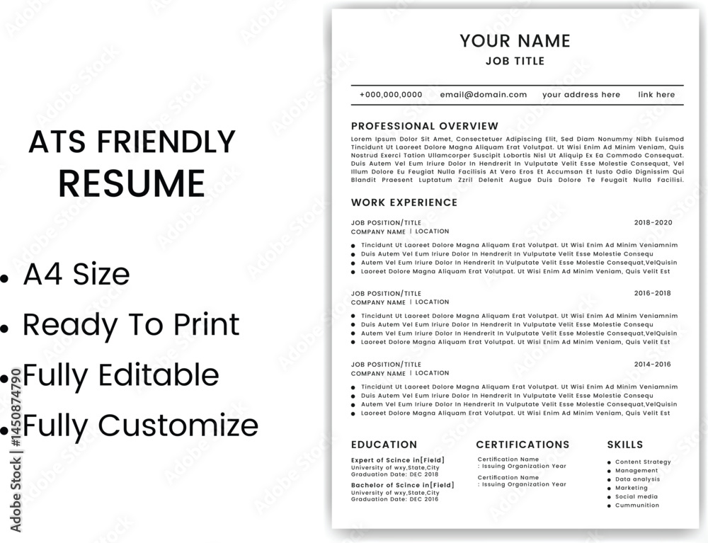 ATS Friendly Resume Template,ATS CV Formate,resume format Stock Vector ...