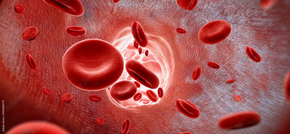 Microscopic view of blood vessels showing red blood cells, representing ...