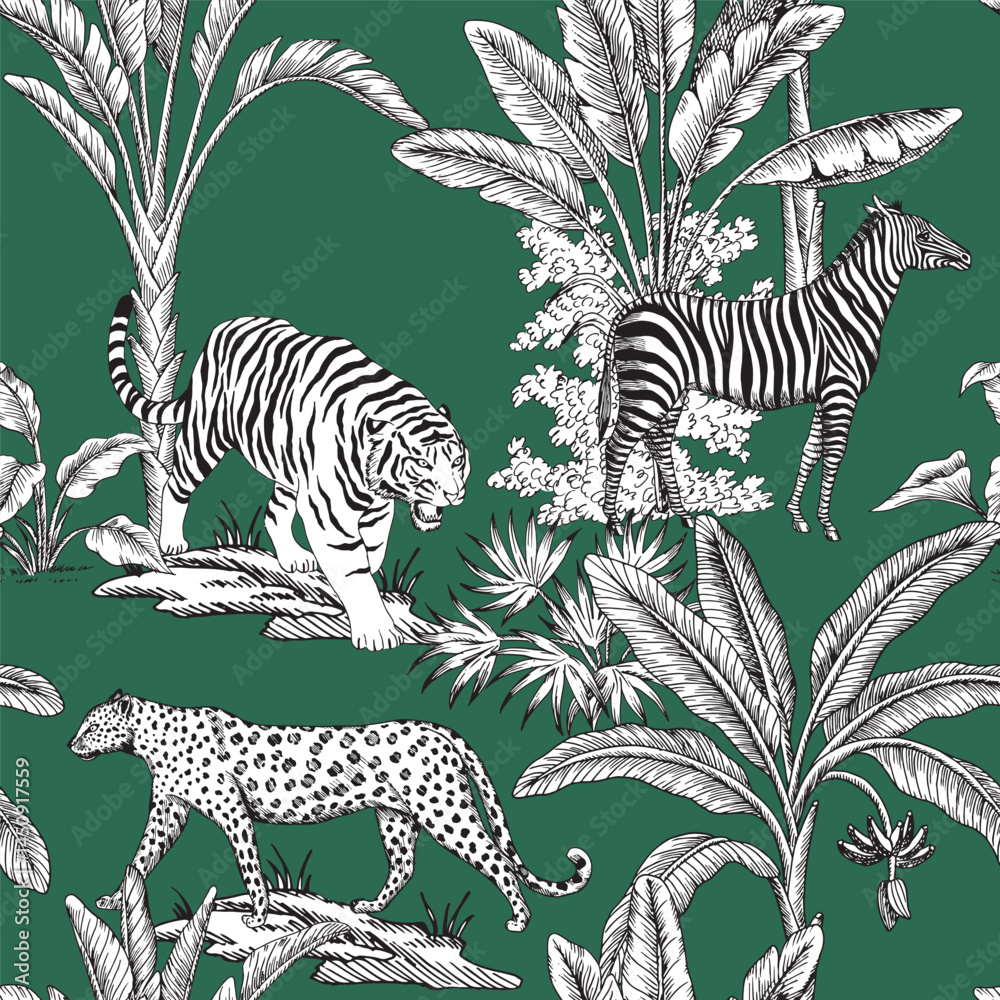 Jungle toile jungle seamless pattern. Tropical palm tree, plants, tiger ...