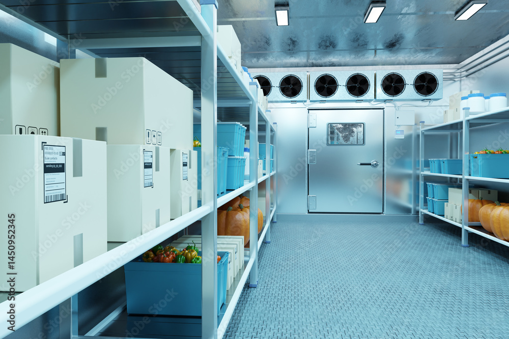 Organized industrial cold storage room with labeled boxes and fresh ...