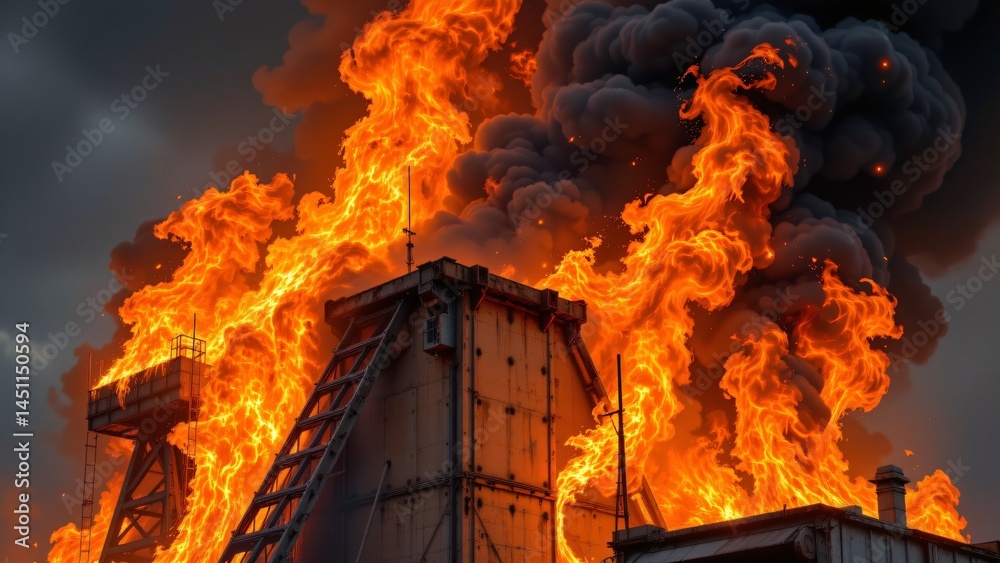 Massive industrial fire erupts at factory city skyline dramatic ...