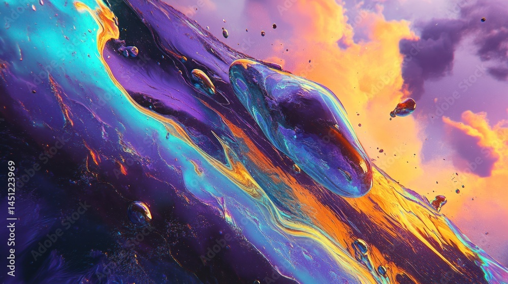 Abstract liquid form with iridescent colors, moving through a vibrant ...