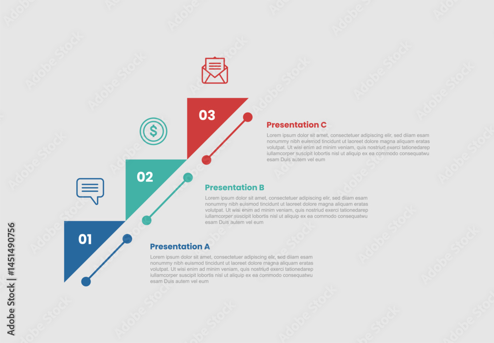 3 stage infographic diagram with staircase shape with dot line connection increase with 3 step ...