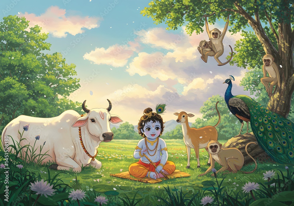 Lord Krishna as a child sitting in a lush forest with sacred animals ...