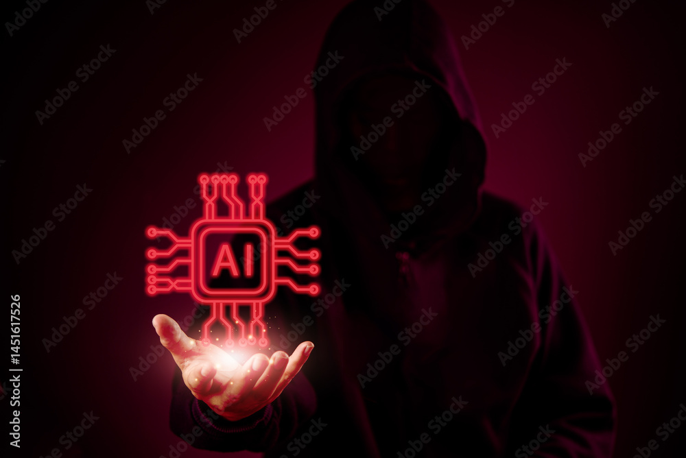 AI hacker holding a glowing red chip symbolizing artificial intelligence in cybercrime, darkweb ...