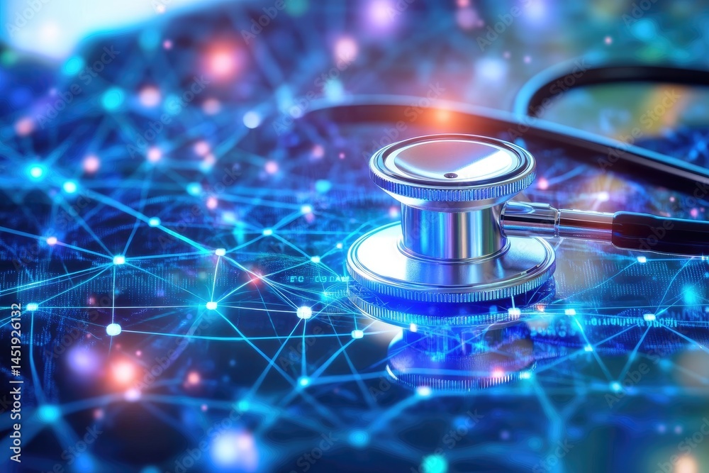 Global healthcare network. Stethoscope over a digital map network Stock ...
