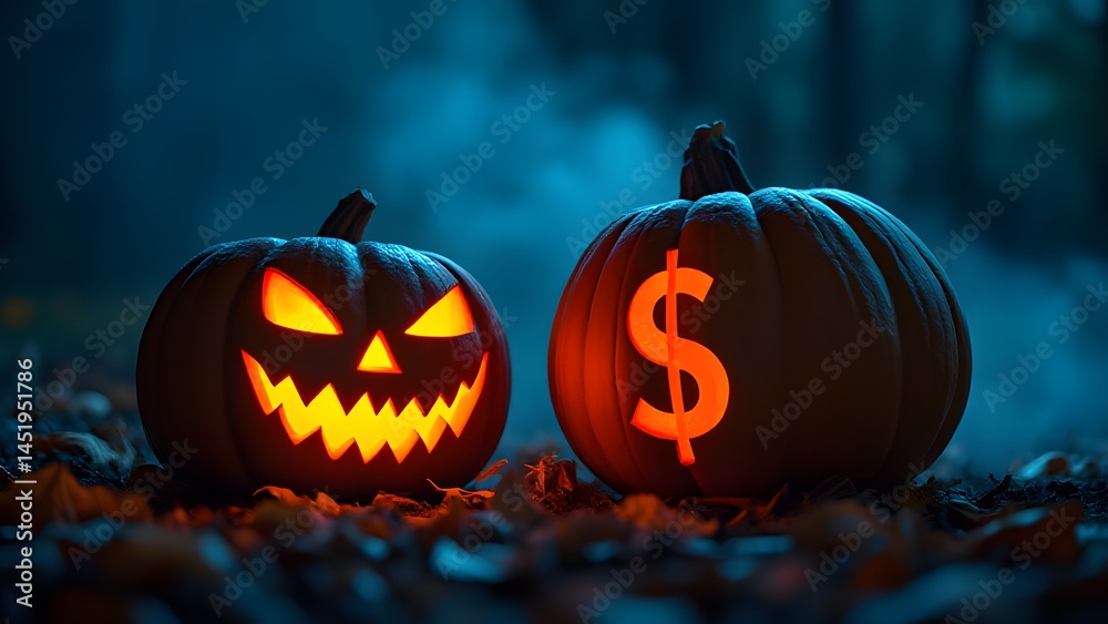Spooky Halloween Pumpkins with Dollar Sign and Jack-o'-lantern Stock ...