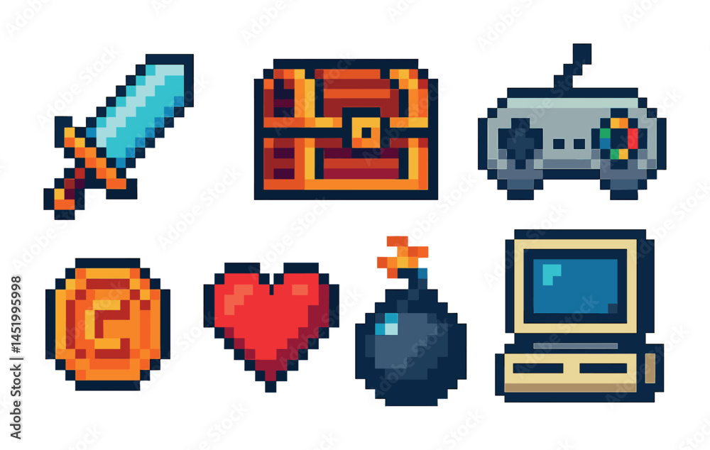Retro pixel art gaming icons for video game design projects Stock ...