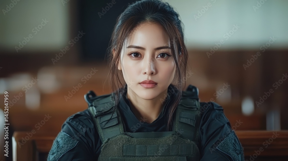 A focused female soldier seated in a church-like setting, representing ...