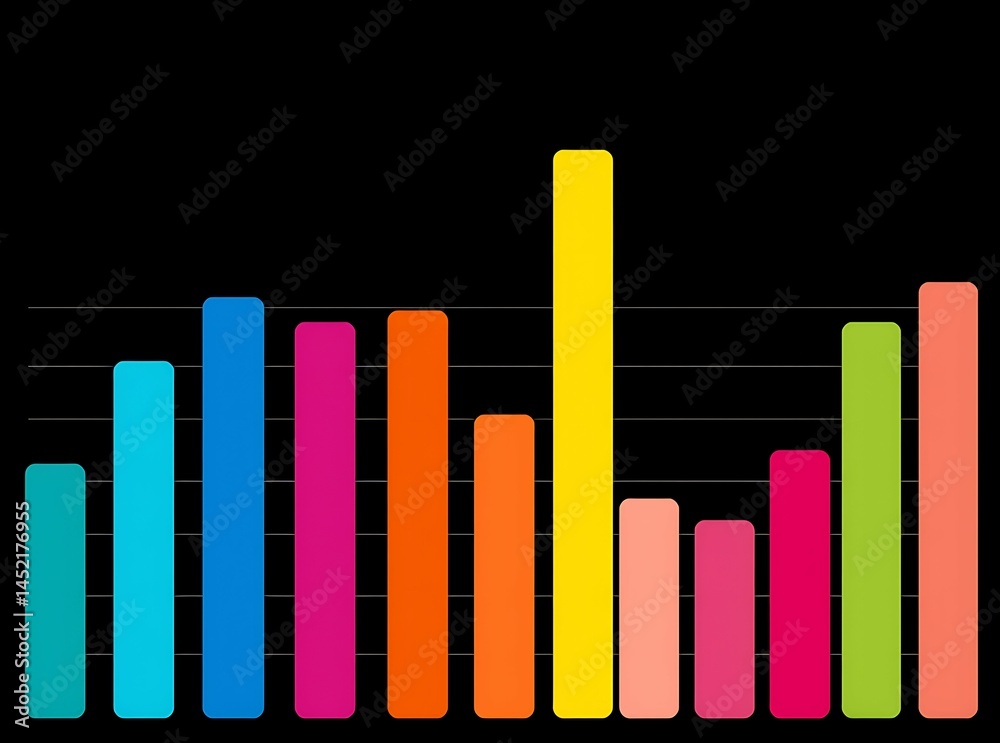 Colorful vertical bar graph with multicolored columns on black ...