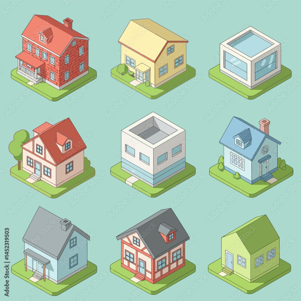 Isometric House Icon Set Vector Illustration. Stock Vector | Adobe Stock