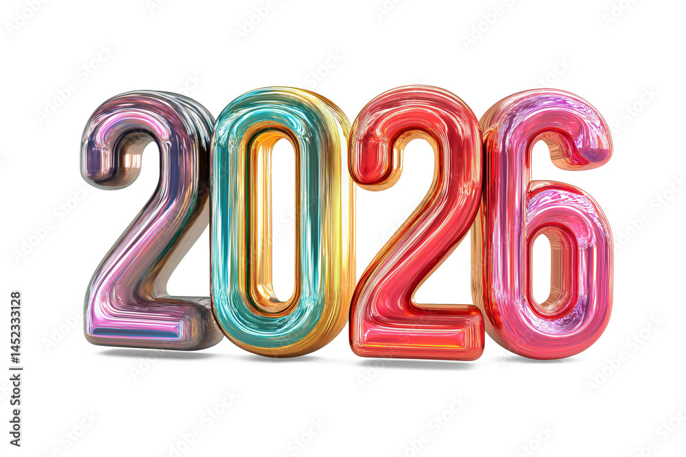 2026 bold rainbow chrome numbers on transparent background Stock ...