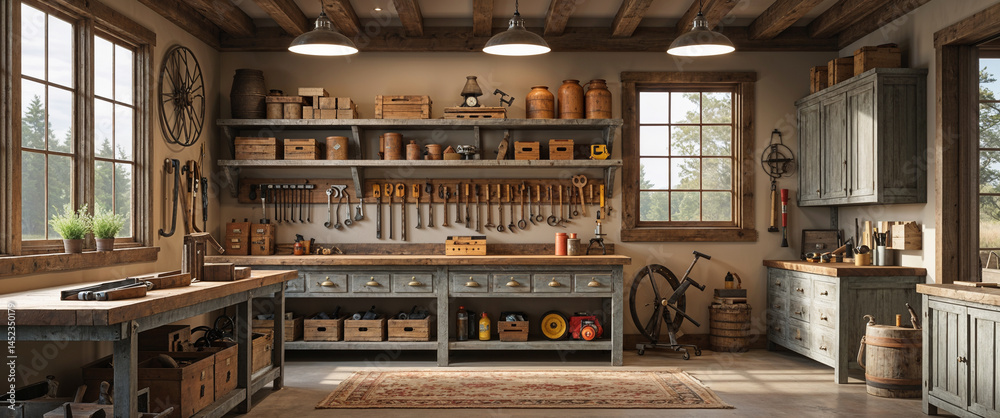 Interior view of a rustic workshop with antique tools and woodworking ...