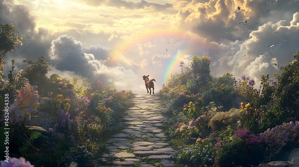 Dog Walking on Rainbow Bridge Path to Heaven, Colorful Flower Garden ...
