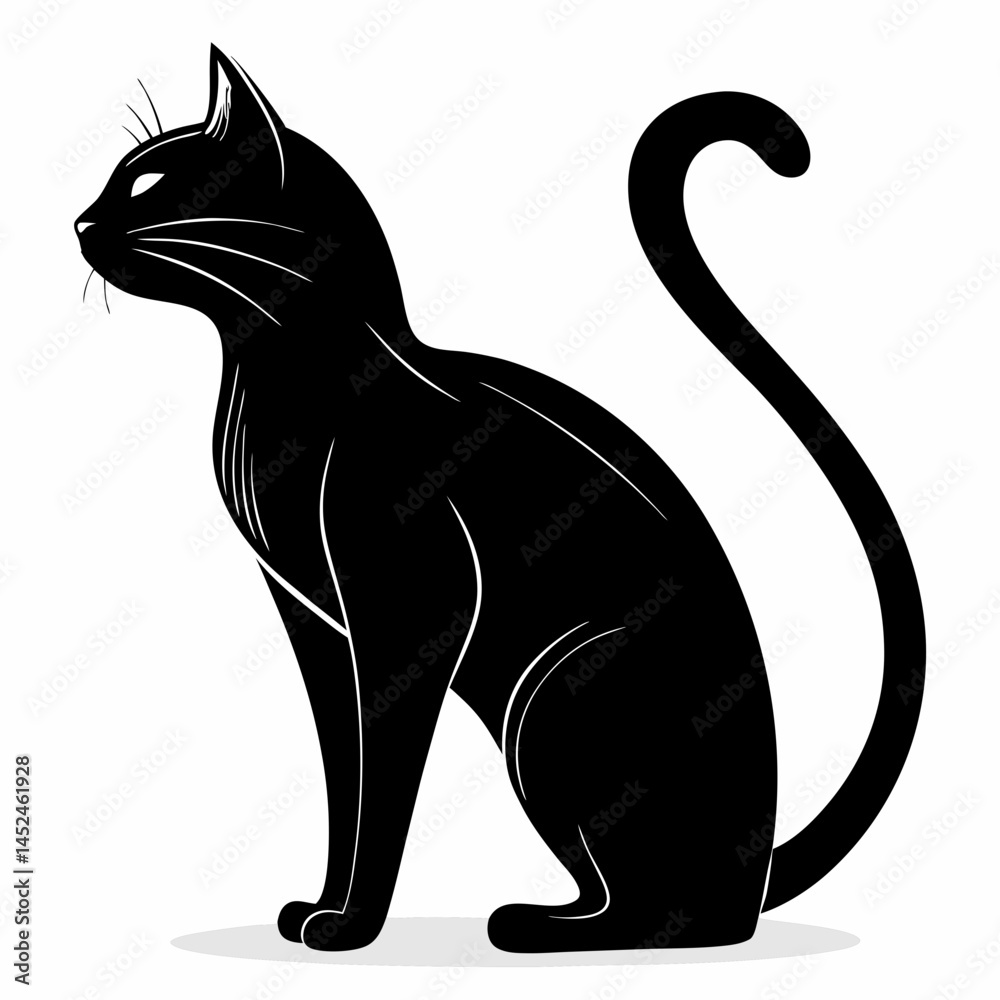 Create a vector illustration of a bold, black cat silhouette arching ...