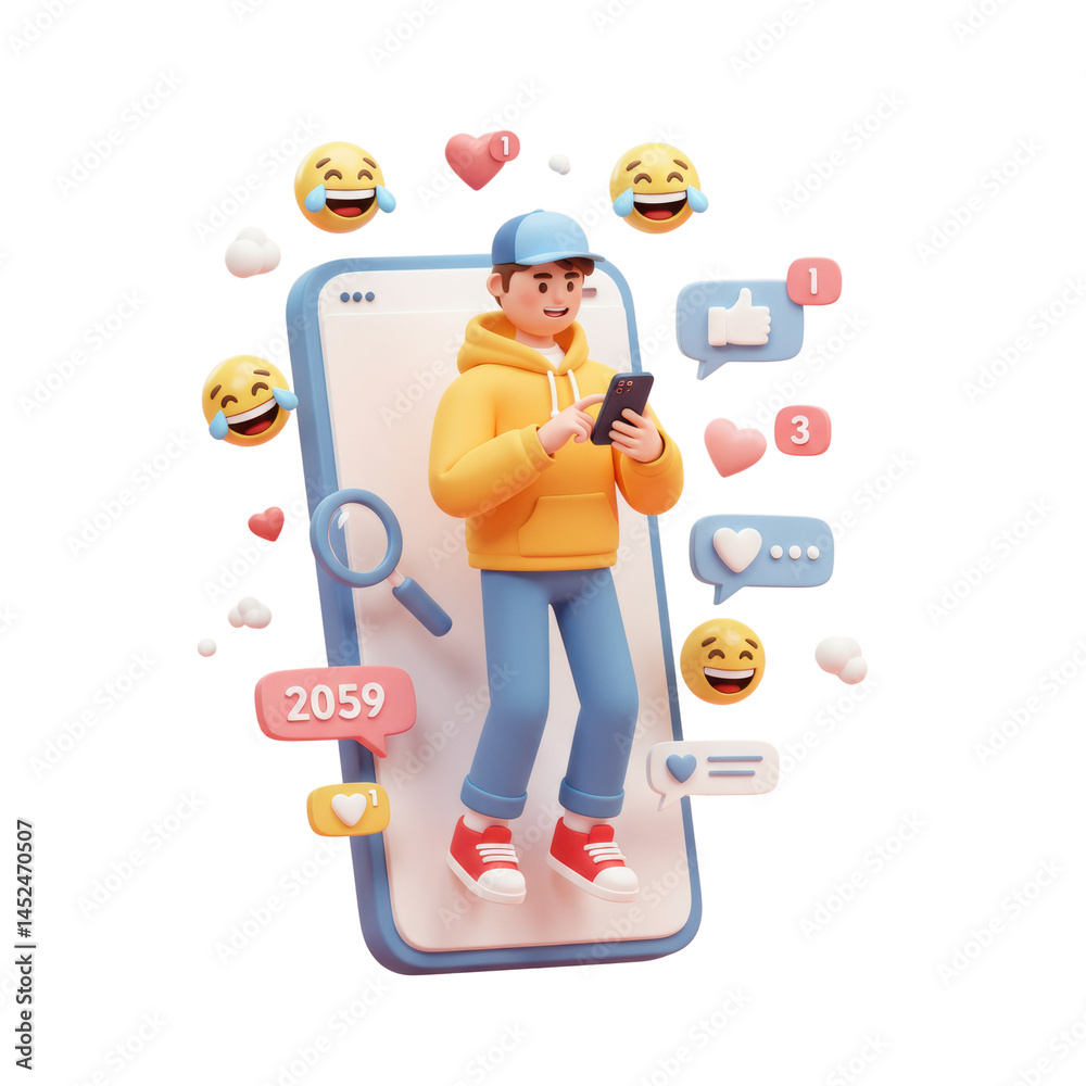 3D character using a smartphone inside a large mobile phone screen with ...