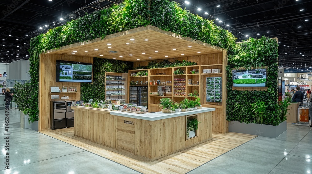 Modern exhibition booth showcasing natural products in a vibrant trade ...
