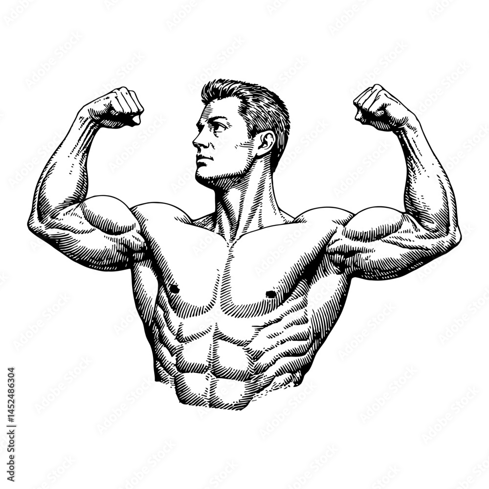 Strong Man Flexing Biceps Showing Muscular Strength in Black and White ...