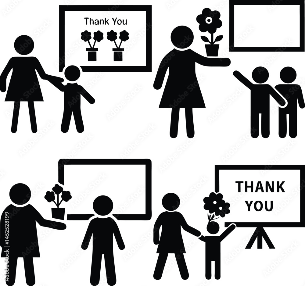 Stick figure family appreciation and gratitude gestures pictogram ...