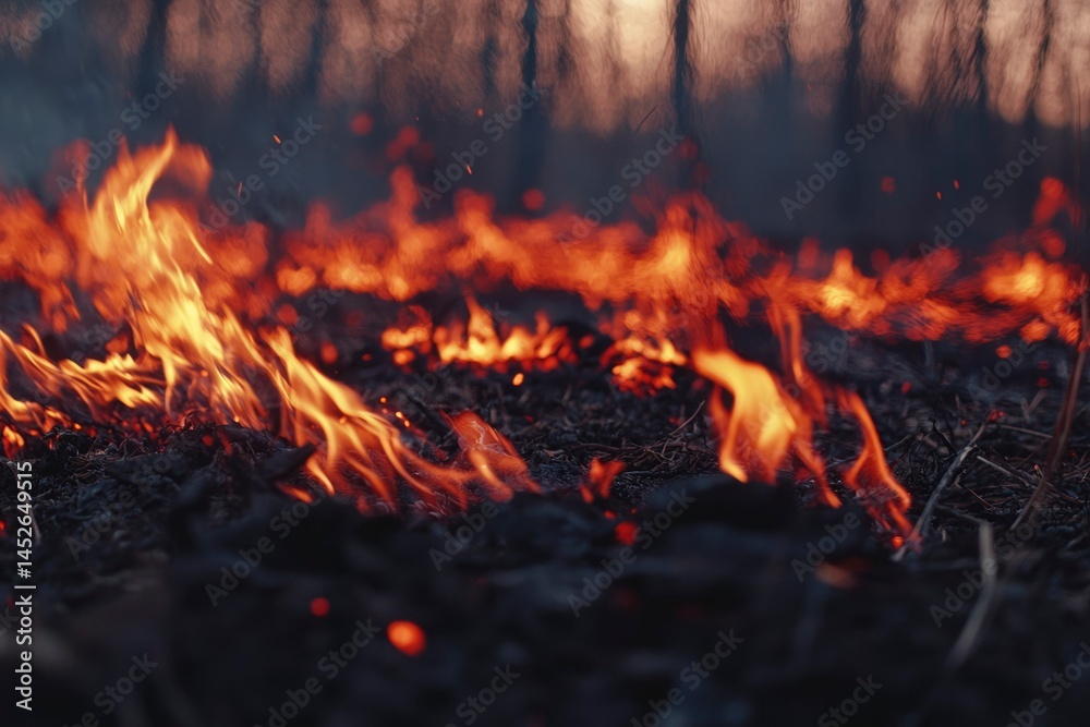 Intense wildfire spreads across the ground with smoke and embers under ...