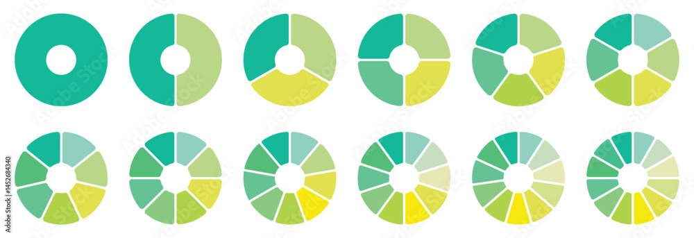 Circle pie chart diagram. Pie chart set, segmented circle icons. Pie chart divided 1,2,3,4,5,6,7 ...