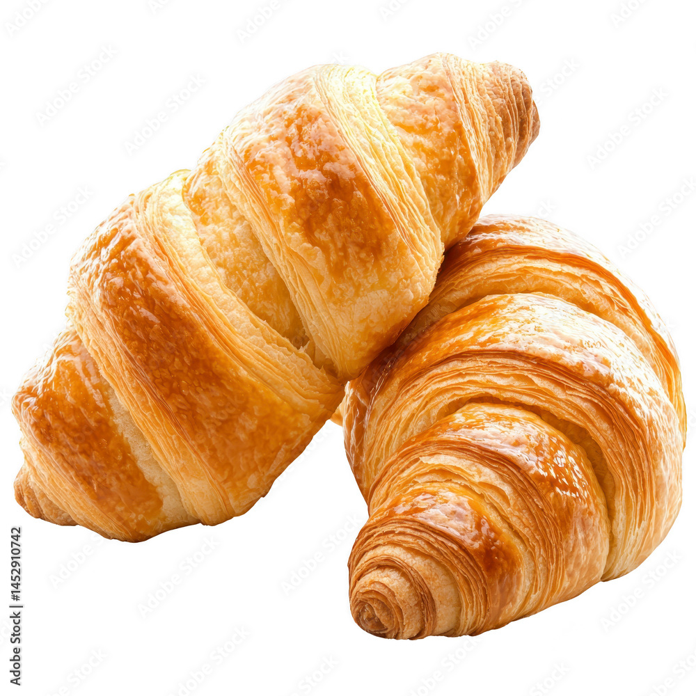 Golden, flaky croissants with buttery texture are stacked together ...
